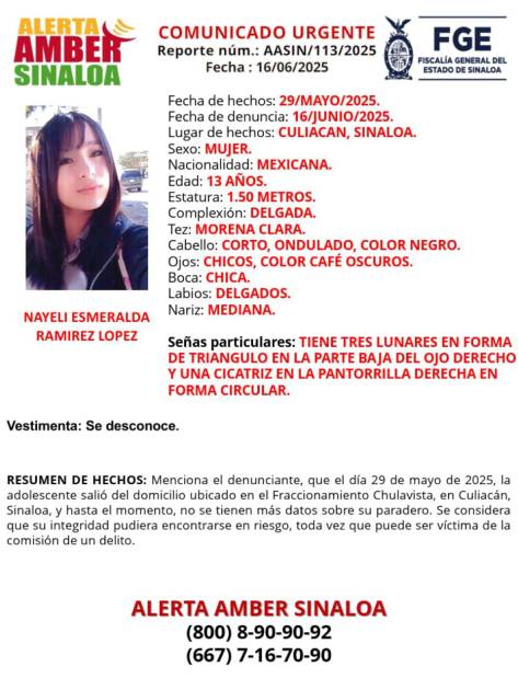 Se activa Alerta Amber por desaparición de Nayeli Esmeralda en Culiacán