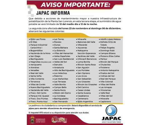 "Advierte Japac suspensión de servicio de agua en 90 colonias del sur ...