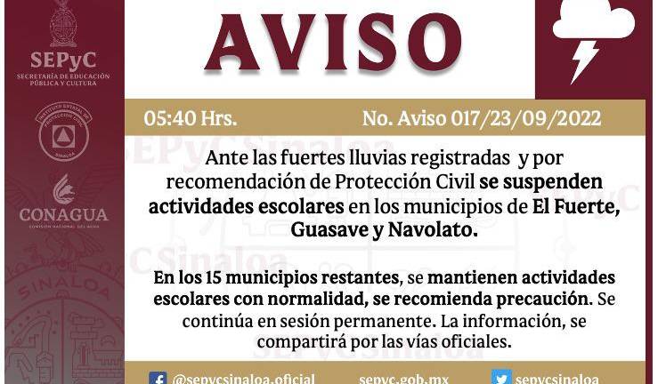 Suspenden clases en Navolato, Guasave y El Fuerte por lluvias