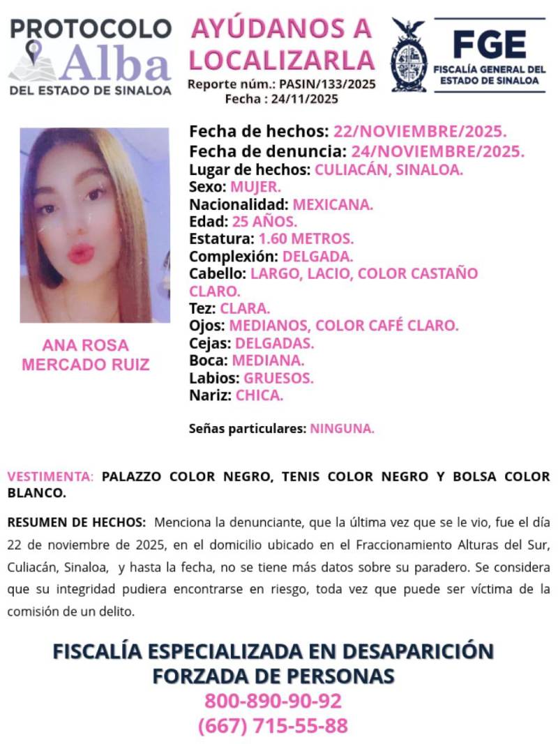 Activan Protocolo Alba para la búsqueda de Ana Rosa en Culiacán