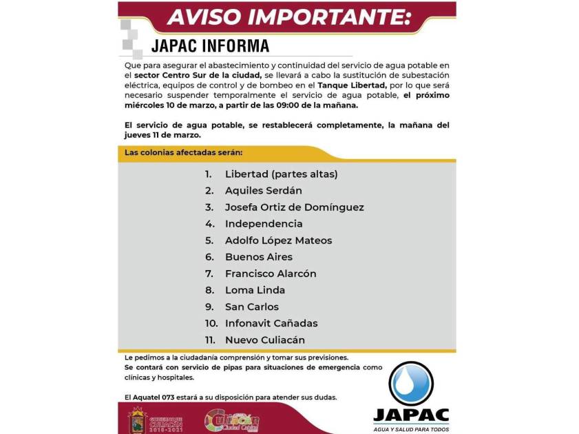 JAPAC suspenderá el miércoles el suministro de agua potable en 11 ...